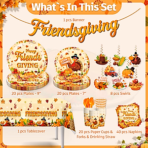 158pcs Friendsgiving Party Decorations, Friendsgiving Tableware Set, Thanksgiving Plates Party Supplies, Fall Table Decorations Give Thanks, Thanks Friends Giving Party Tableware for 20 Guests