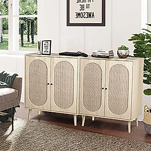 QHITTY Rattan Sideboard Buffet Cabinet, Accent Kitchen Storage Cabinet Console Table with Adjustable Shelves for Living Room, Dining Room, Bedroom (Natural)