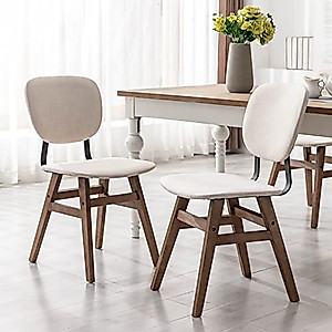 Mid Century Modern Dining Chairs Set of 2, Linen Upholstered Kitchen Chairs with Hardwood Legs and Back Farmhouse Accent Side Dining Room Chairs, Cream