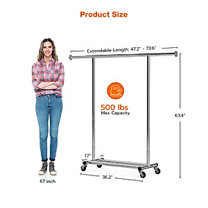 Frylr Heavy Duty Clothing Rack - Portable Metal Garment Rack with Wheels, Rolling Clothes Rack with Adjustable Hanging Rods, and Free Standing Design, Silver