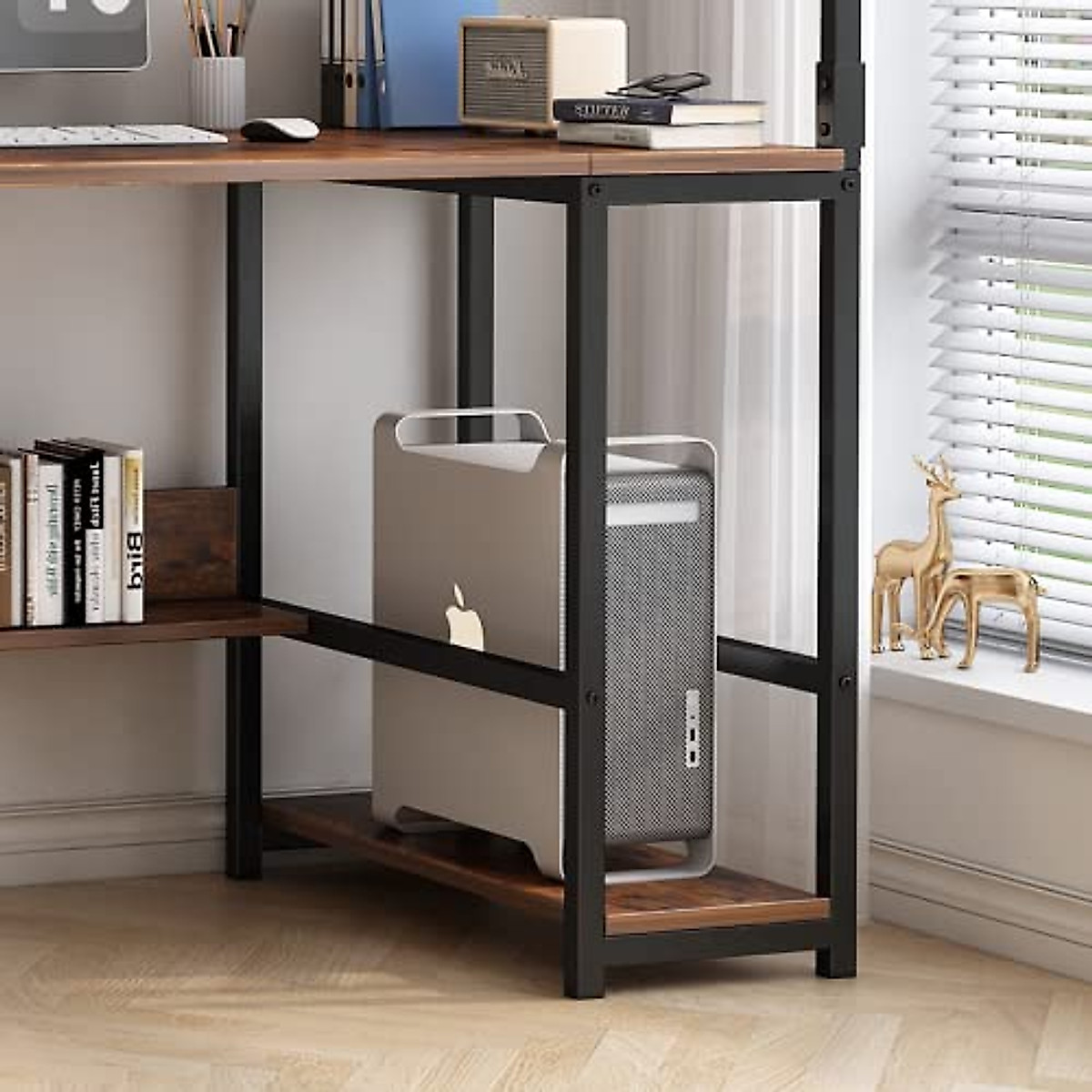 YQ JENMW Computer Desk with 4 Tier Shelves,43.3 Inch Study Table Desk with Storage Shelf,Study Gaming Storage Table Writing Desk with Bookshelf for Home Office Bedroom, Brown