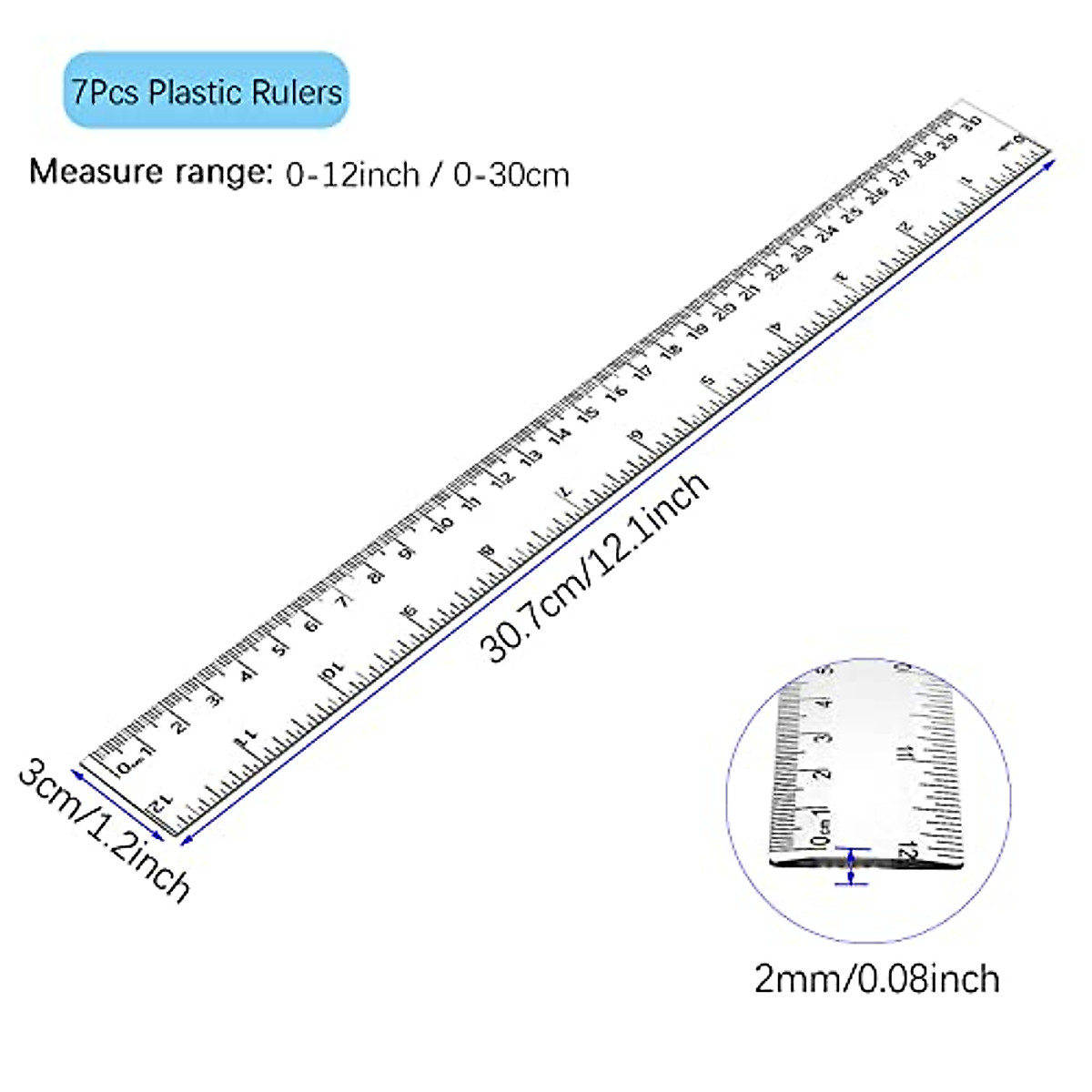 7 Pack Clear Rulers, Plastic Ruler 12 inch Transparent Straight Ruler with Centimeters and Inches, Kids Rulers Bulk for Student Kids Classroom School Office Standard Ruler
