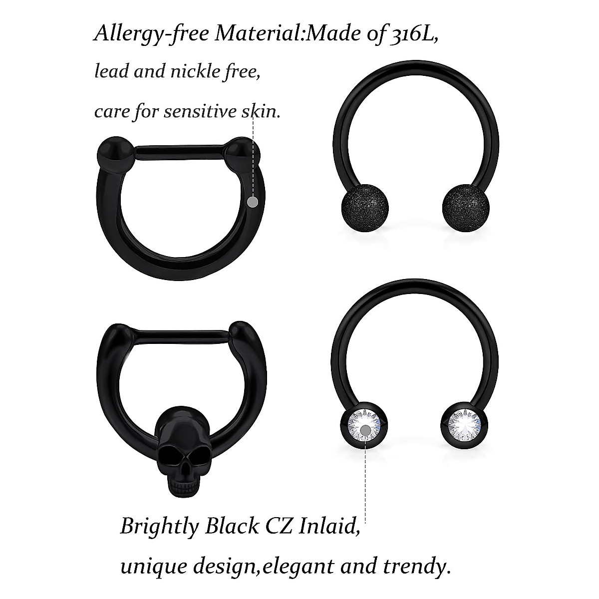 Vsnnsns 16G Septum Jewelry Septum Ring Piercing Jewelry Septum Clicker Ring and Horseshoe Barbell Stainless Steel Captive Bead Ring Septum Nose Rings Hoop for Men Women Black 10mm 12pcs