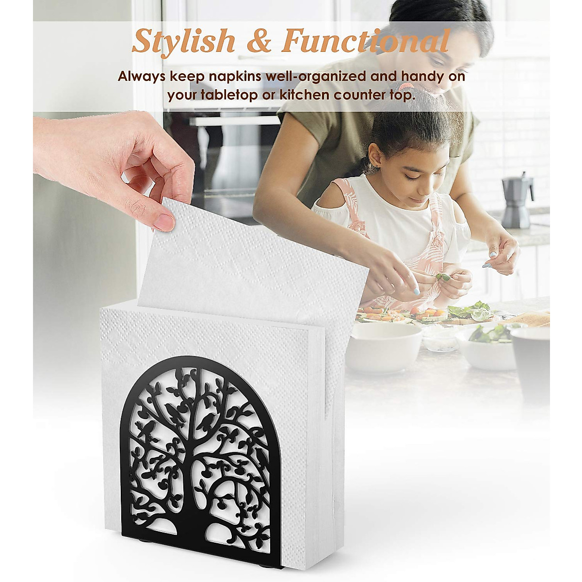 Nuovoware Napkin Holder, Standing Napkin Holder for Tables, Tree & Bird Design Table Napkin Holder, Metal Tabletop Paper Napkin Organizer, Tissue Dispenser for Kitchen Dining - Black