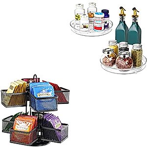 Puricon 2 Pack Lazy Susan Clear Organizer for Cabinet Pantry Storage Bundle with Tea Bag Organizer Storage Holder 360-Degrees Spinning Carousel