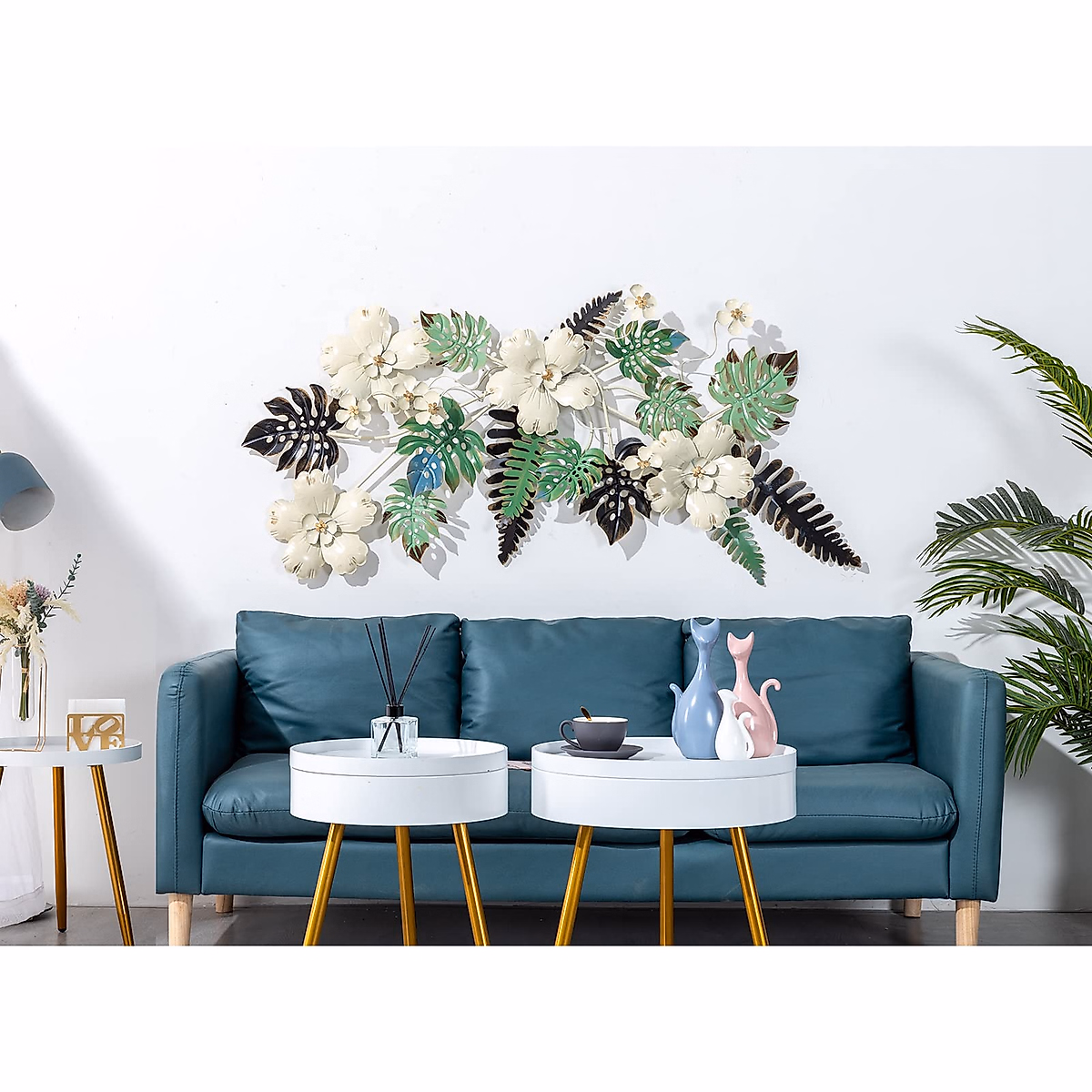 AcozyHom Leaves and Flowers Metal Wall Decor, 58"(L) x26(H), Large Plant Iron Wall Sculpture, Modern Abstract Wall Panel Art for Home, Hotel, Bar, Living Room Decoration, Green