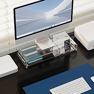 ErgoFocus 20inch Large Acrylic Monitor Stand Riser, 2-Tier Clear Monitor Stand with Built-in Phone Holder, Premium Acrylic Monitor Riser with Keyboard Storage