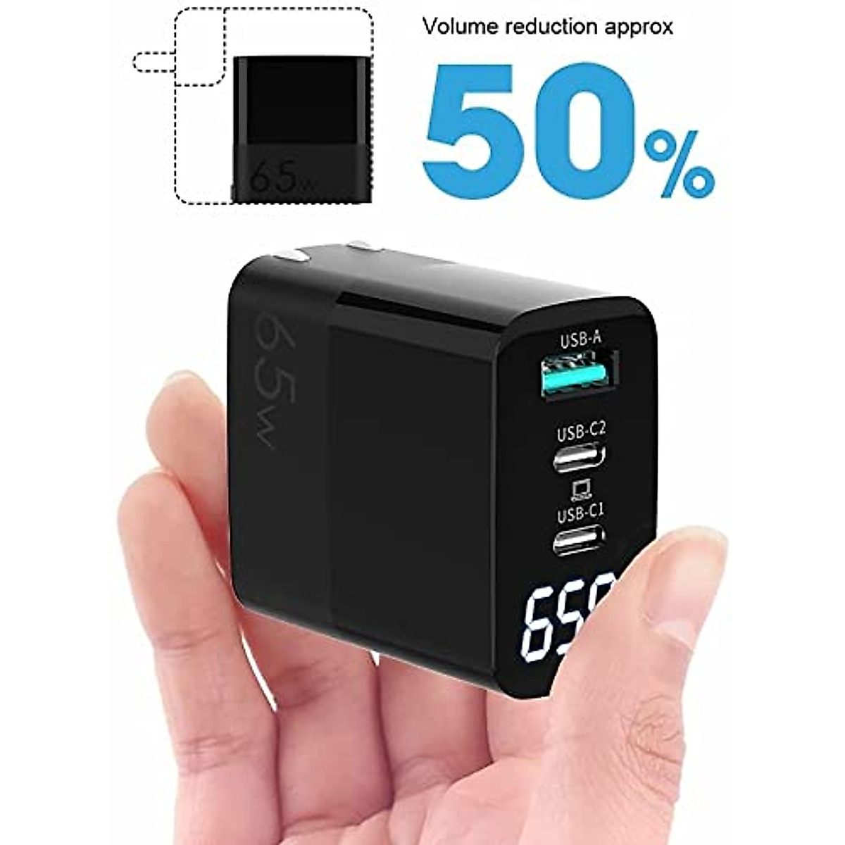 BoxWave Charger Compatible with TCL 408 - PowerDisplay PD Wall Charger (65W), GaN 65W Powerful Charger Folding Plug Display - Jet Black