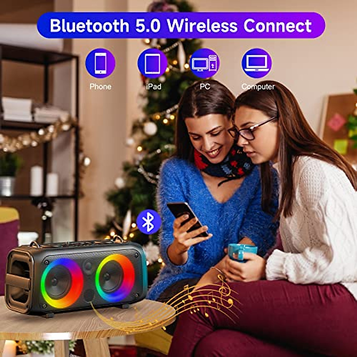 HBYGE 60W Bluetooth Speakers, Portable Speaker 100ft Wireless with Colorful Lights, Subwoofer, Microphone, Remote, FM Radio, TWS, USB. Bluetooth 5.0 Party Speaker for Home