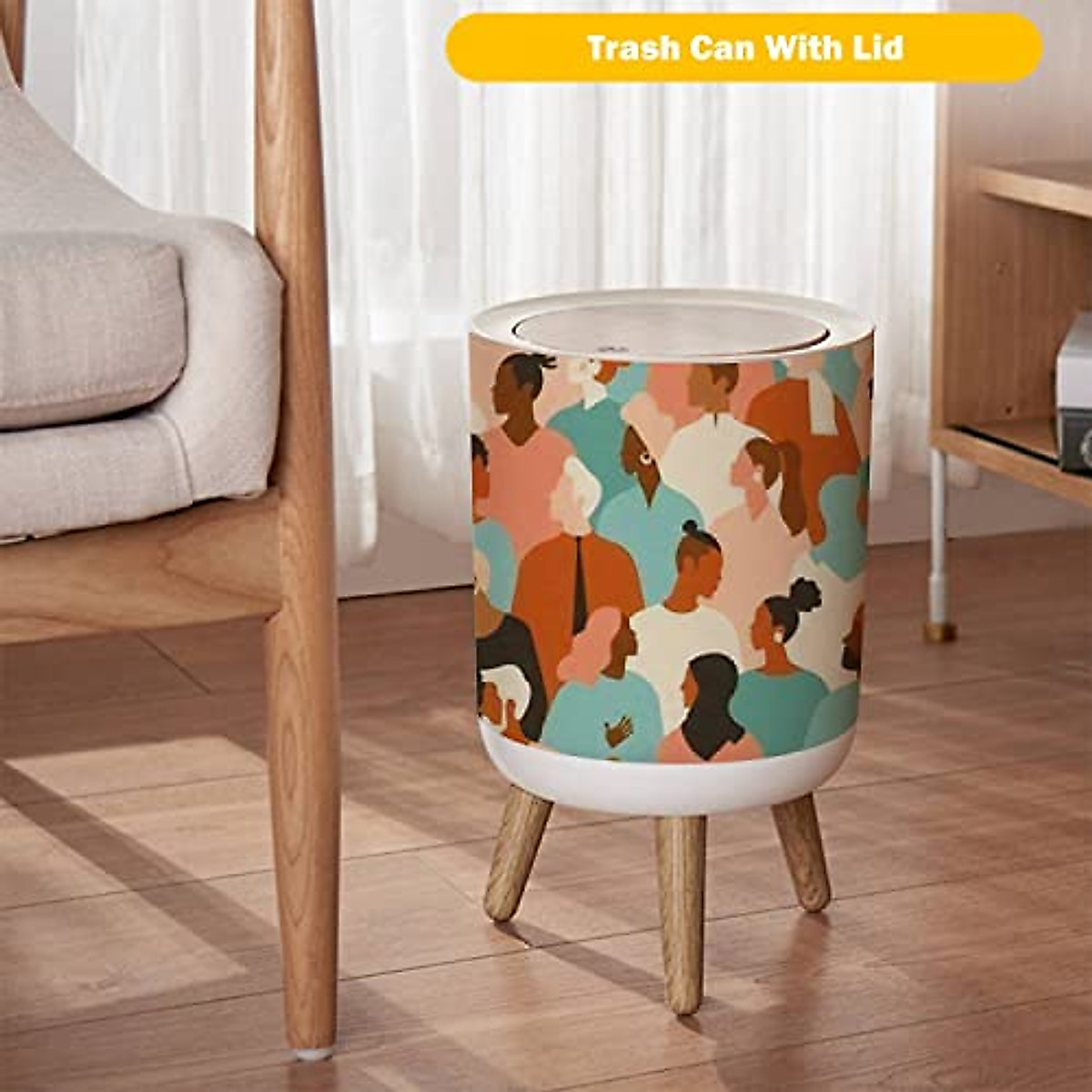 Small Trash Can with Lid Crowd of Young and Elderly Men and Women in Trendy Hipster Clothes Wood Legs Press Cover Garbage Bin Round Simple Human Waste Bin Wastebasket for Kitchen Bathroom Office