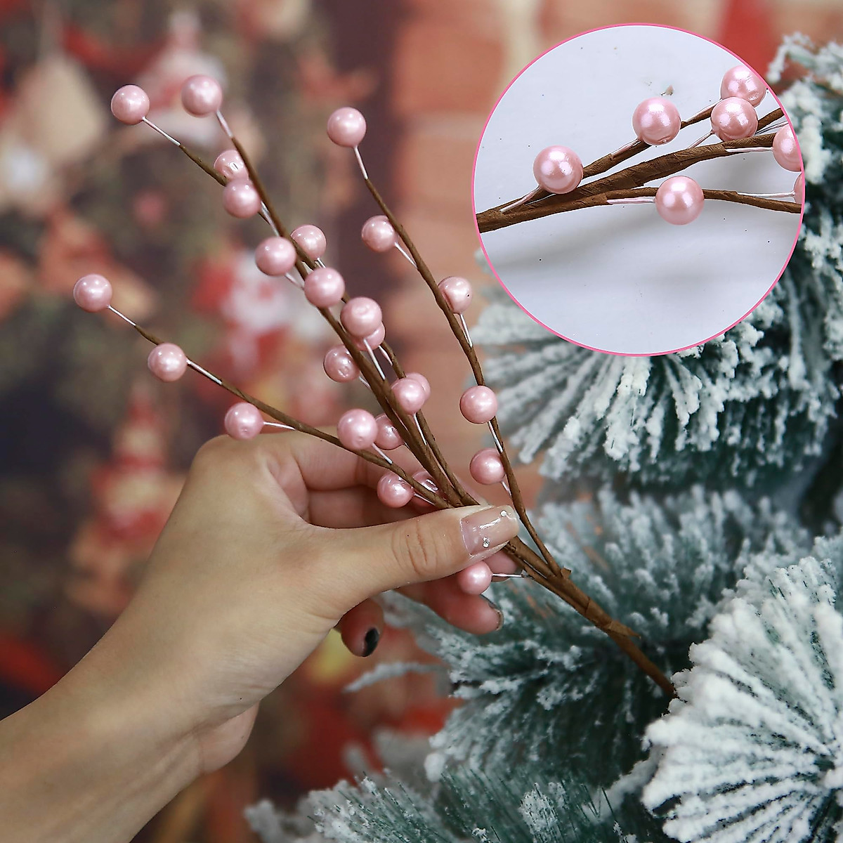 Trimgrace 12 Pack Pink Christmas Ornament Artificial Berry Stems 14" Fake Holly Berry Picks for Christmas Tree Vase DIY Wreath Crafts Home Decor