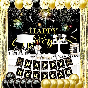 2024 Happy New Year Party Supplies, Foil Balloons Set, Happy New Year Banner, Latex Balloons, Curtains, Paper Pompoms for Home Outdoor Decor New Years Eve Party Supplies 2024, Black and Gold