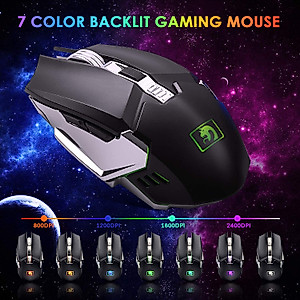 Wireless Gaming Keyboard Mouse and Wrist Rest Combo Rainbow Backlight Silent Mechanical Feel Keyboard with 7 Color Breathing Mute Mice Memory Foam Cushion Hand Rest for Computer PC Gamer