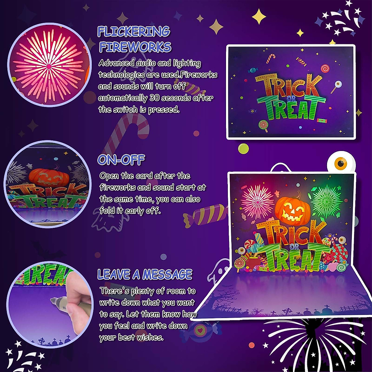 DTESL 3D Pop Up Trick Or Treat Pumpkin Halloween Card, with light and music, For Kids, Friend, Boyfriend, Girlfriend, Husband, Him, Women - Skull, Ghost, Envelope