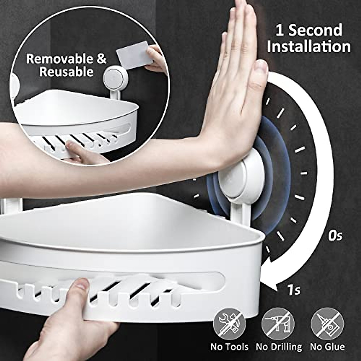 LEVERLOC Corner Shower Caddy Suction Cup NO-Drilling Removable Bathroom Shower Shelf Heavy Duty Max Hold 22lbs Caddy Organizer Waterproof & Oilproof Shower Corner Rack for Bathroom & Kitchen - White