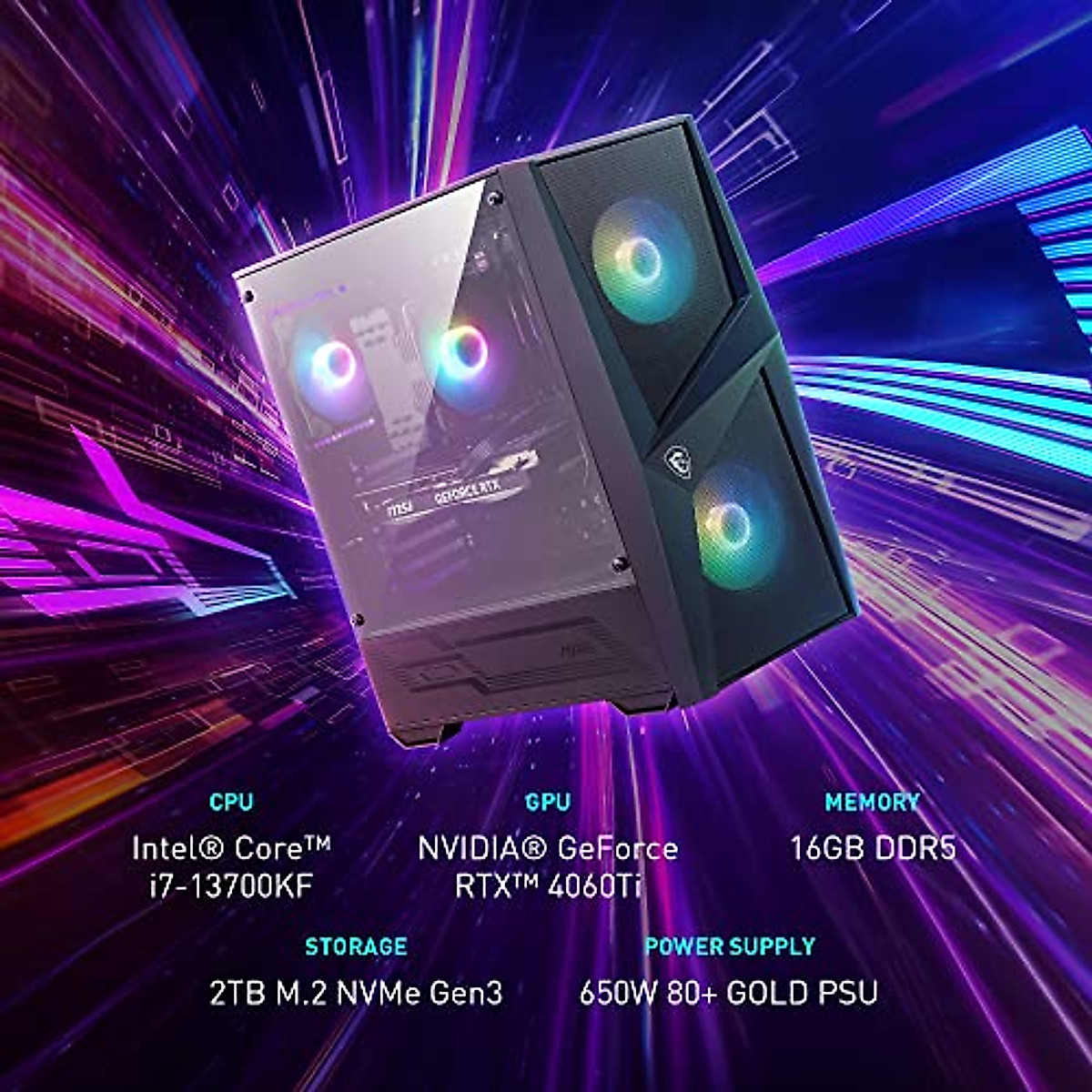 MSI Codex R Gaming Desktop: Intel Core i7-13700F, GeForce RTX 4060Ti, 16GB DDR5, 2TB M.2 NVMe, 80+ Gold PSU, WiFi 5, Keyboard & Mouse, RGB Lighting, Windows 11 Pro: 13NUD-064US