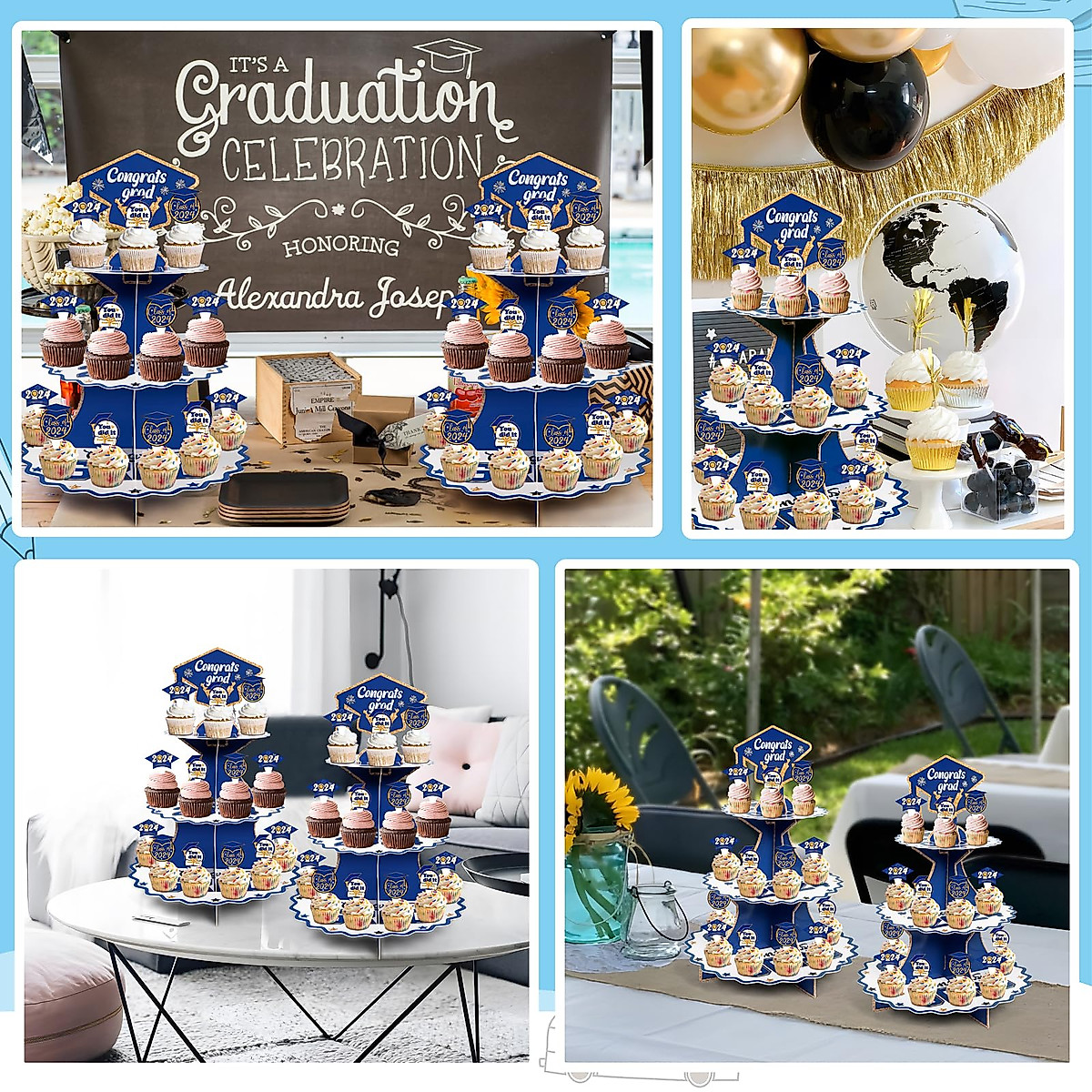 jollylife 2 Set Graduation Decorations Class of 2024 Blue and Gold Cupcake Stand,3-Tier Cardboard Congrats Grad Tower Plus 24 Cake Toppers Party Supplies Decor(Assembly Needed)