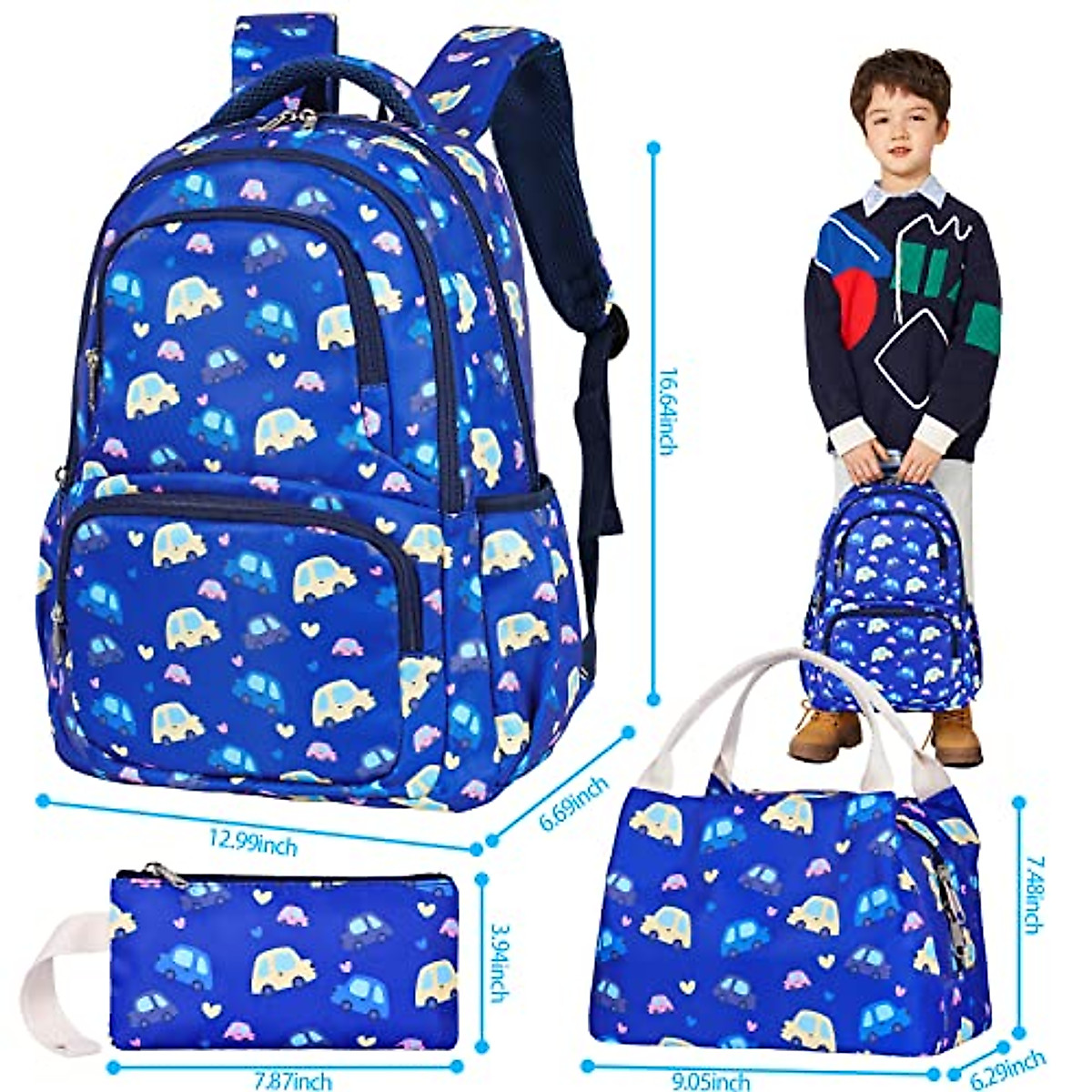Unineovo Backpack for Boys, Car Backpack,Lunch Box Schoolbag for Kids, Kids Boys Water Resistant Laptop Backpack,Lightweight Bookbag with Pencil Case,3 Pcs Set Nylon Side Pocket Backpack for School
