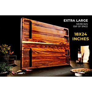 WuudCo Butcher Block Cutting Board | 18x24 Large Board for Meat Cutting, Large Charcuterie Board, Teak Handmade Cutting Boards, Thick Best Wood Cutting Board
