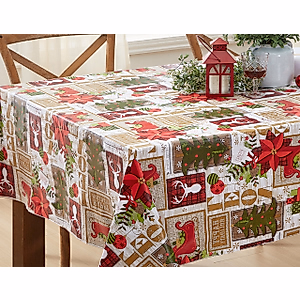 Newbridge Ivory Sleigh Bells Ring Country Rustic Vinyl Flannel Back Vinyl Christmas Tablecloth, Moose Antlers, Sleighs and Festive Xmas Wipe Clean Tablecloth, 60 Inch x 84 Inch Oblong/Rectangle