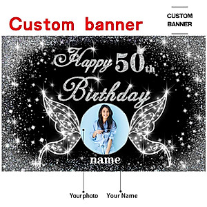Custom Happy 50th Birthday Party Decoration Banner - Angel Wings Theme - Black and Silver