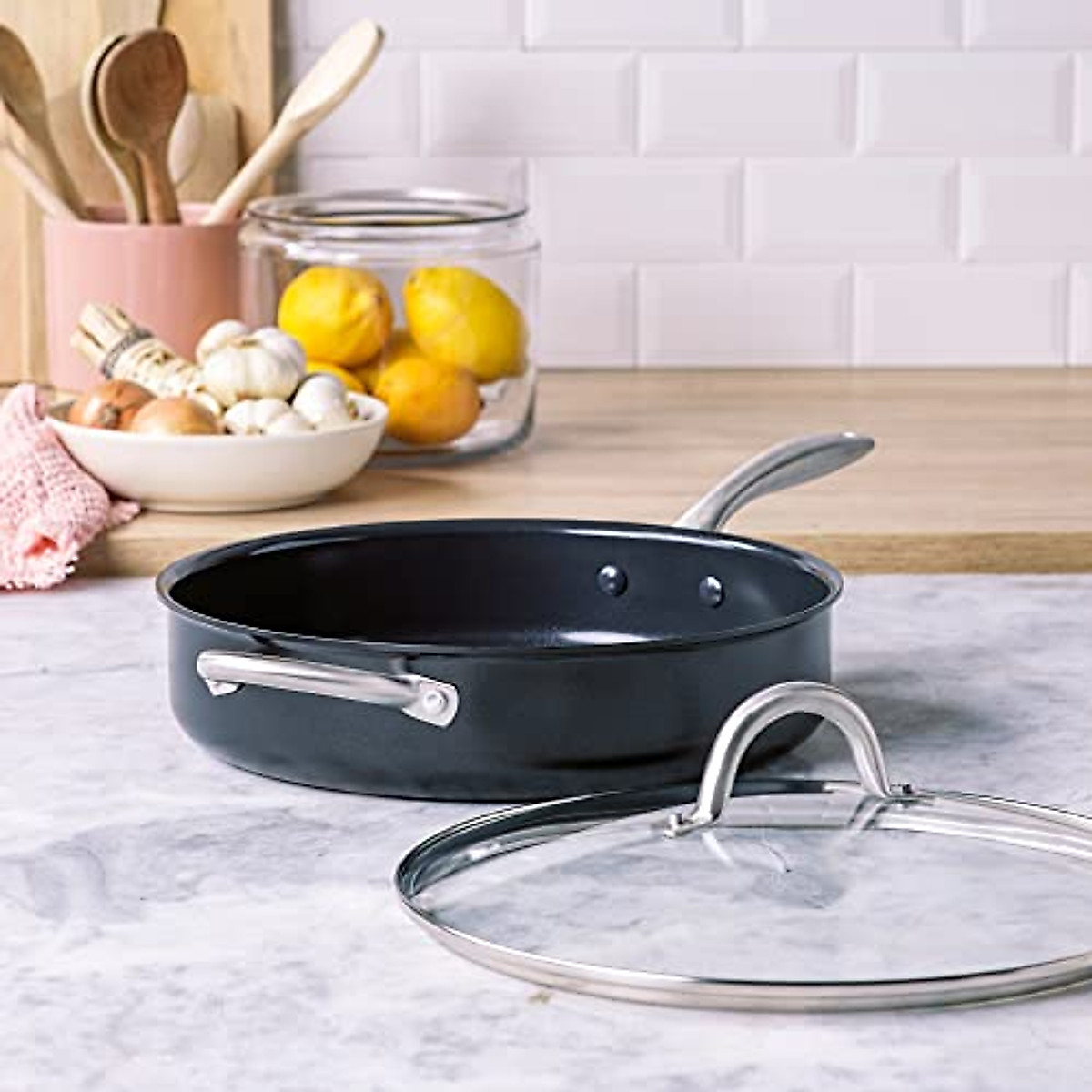 GreenPan Paris Pro Hard Anodized Healthy Ceramic Nonstick, 11 Piece Cookware Pots and Pans Set, Grey & Prime Midnight Hard Anodized Healthy Ceramic Nonstick, 5QT Saute Pan Jumbo Cooker, Black