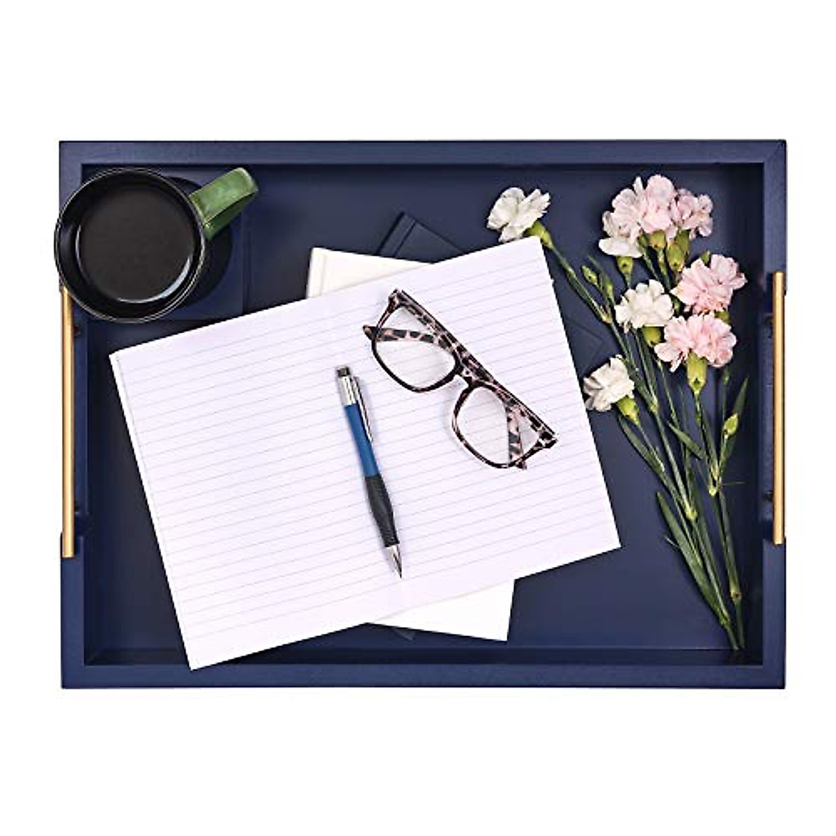 Deluxe Ottoman Tray- Wooden Serving Tray with Handles and Incorporated Cup Holder- Mid Century Modern Décor- Dark Navy Blue Tray 18"x14"x.3