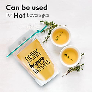 UTILE 50PCS Drink Pouches for Adults with Individually Wrapped Colorful Straws, Reclosable Zipper Smoothie Drink Bags with Multiple Texts – Heavy Duty Hand Held Translucent with Funnel Included