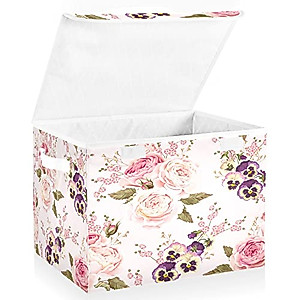 Kigai Collapsible Flowers in Bloom Storage Basket with Lids and Handles,Storage Bins for Shelves Closet Bedroom,Office Storage