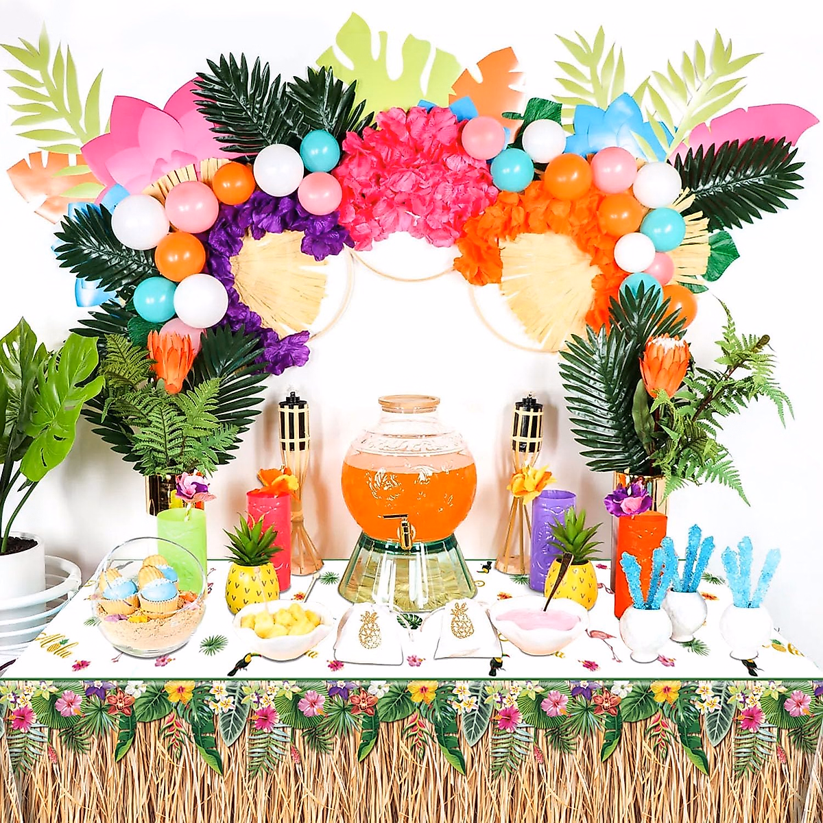 PIXHOTUL 4 Pack Hawaiian Luau Grass Tablecloths, Hawaii Luau Table Skirt Party Decorations, Tropical Palm Tablecover for Summer Beach BBQ Tropical Ahola Party Baby Shower, 86 x 51in