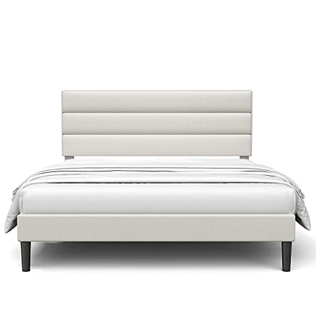 BONSOIR Bed Frame Modern Horizontal Panel Upholstered Low Profile Platform with Tufted Headboard/No Box Spring Needed/No Bed Skirt Needed/Linen Fabric Upholstery/Beige (Queen Size)