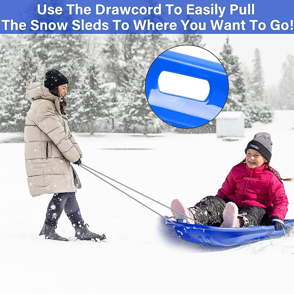 Lightning Snow Sleds 35" Long, 2 Pack Plastic Toboggan Sand Sleds with 2 Handles and a Pull Rope, Winter Snow Fun for Men Women