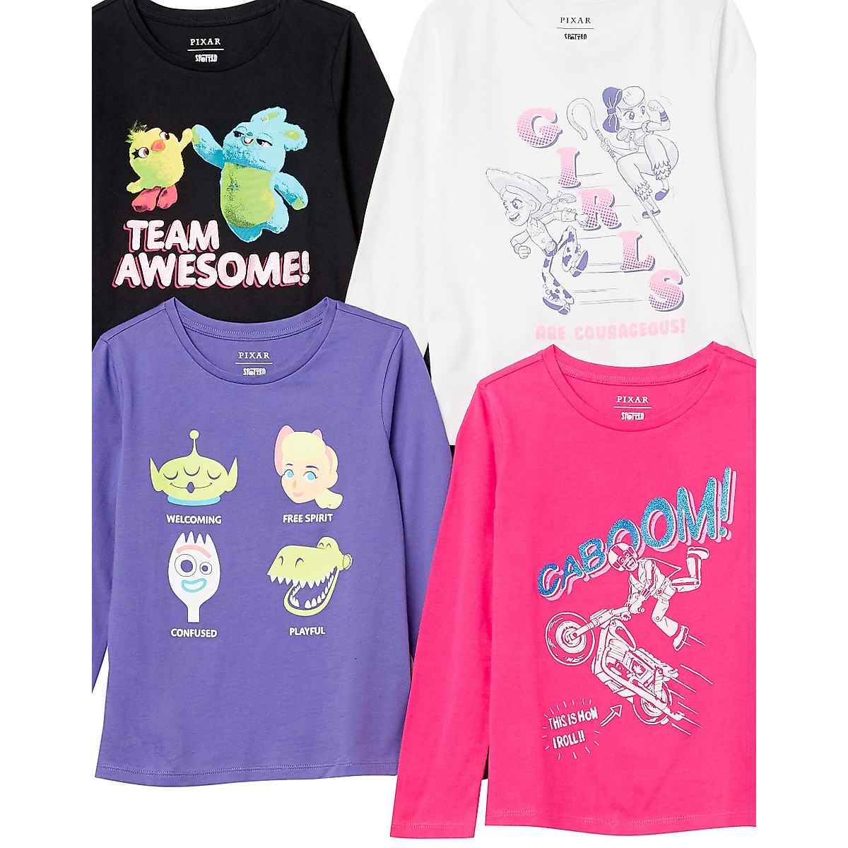 Amazon Essentials Disney | Marvel | Star Wars Girls' Long-Sleeve T-Shirts (Previously Spotted Zebra), Pack of 4, Toy Story Friends Print, Medium
