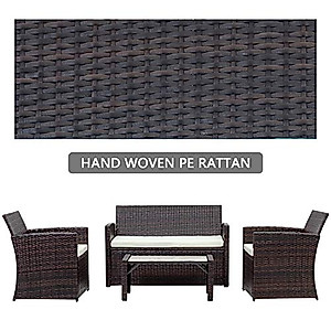 4 Pieces Outdoor Patio Furniture Set Brown Wicker Rattan Cousioned Sectional Conversation Sofa with Coffee Tea Table for Backyard Porch Garden Poolside Balcony Beige
