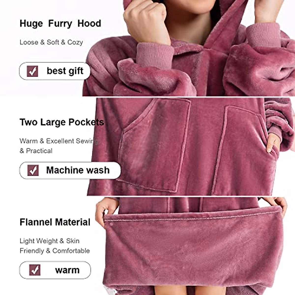 Kipswiza Oversize Wearable Blanket Flannel Super Soft Warm Long Hoodie Blankets Big Hooded Sweatshirt Hoodie Blanket for Adults Women Men Girls Teenagers Teens Dark Pink