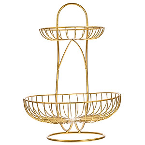 IMIKEYA Golden Metal Countertop Wire Fruit Storage Basket Double Layers Desktop Fruit Bowl Stand Holder Vegetables Storage Basin for Kitchen