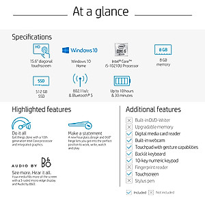 HP Pavilion x360 15 2-in-1 Convertible Laptop, Intel Core i5-10210U, 8 GB RAM, 512 GB SSD Storage, 15.6-inch HD Touchscreen Display, Windows 10 Home (15-dq1020nr, 2020 Model)