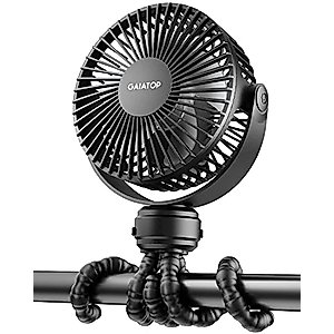 Gaiatop Mini Portable Stroller Fan, Battery Operated Small Clip on Fan, Detachable 3 Speed Rechargeable 360° Rotate Flexible Tripod Handheld Desk Cooling Fan for Car Seat Crib Treadmill Travel Black