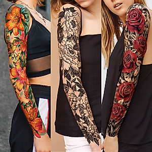 SOOVSY 46 Sheets Full Arm Temporary Tattoo for Men Women with Lion Lily Daisy Peony Rose, Half Arm Temporary Tattoos for Adults with Butterfly Bird Snake, Fake Tattoos That Look Real and Last Long
