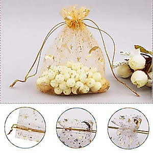 Jtuxcke 100PCS White and Gold Organza Bags, 5x7 Hot Stamping Star and Moon Pattern Wedding Gift Bag Organza Gifts Bags Candy Pouch with Drawstring for Wedding Party Christmas