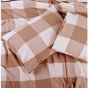 Home Soft Things 100% Washed Cotton Duvet Cover 3 Piece Set, King 102" x 90", Coffee Gingham Check Plaid Bedding Set with Zipper Closure, Ultra Soft and Easy Care, 1 Duvet Cover 2 Pillow Shams