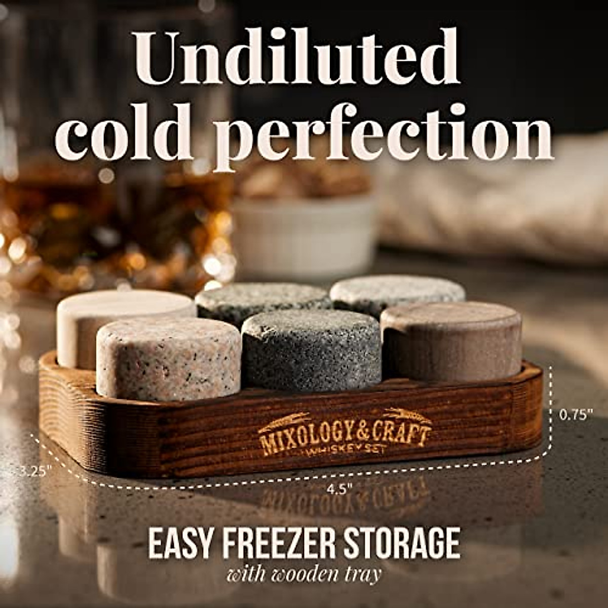 Mixology & Craft Whiskey Stones Set - 6 Circular Granite Bourbon Chilling Rocks - Great Whiskey Gifts for Men, Fathers, Groomsmen Gifts