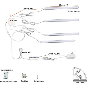 Cabinet Lighting, 4pcs 12" V-Shape Bright LED Light Bars for Under Cabinet, Gun Safe, Locker, Closet, Under Counter, Shelf, Showcase - 1200lm 12W - Pure White (6000K)