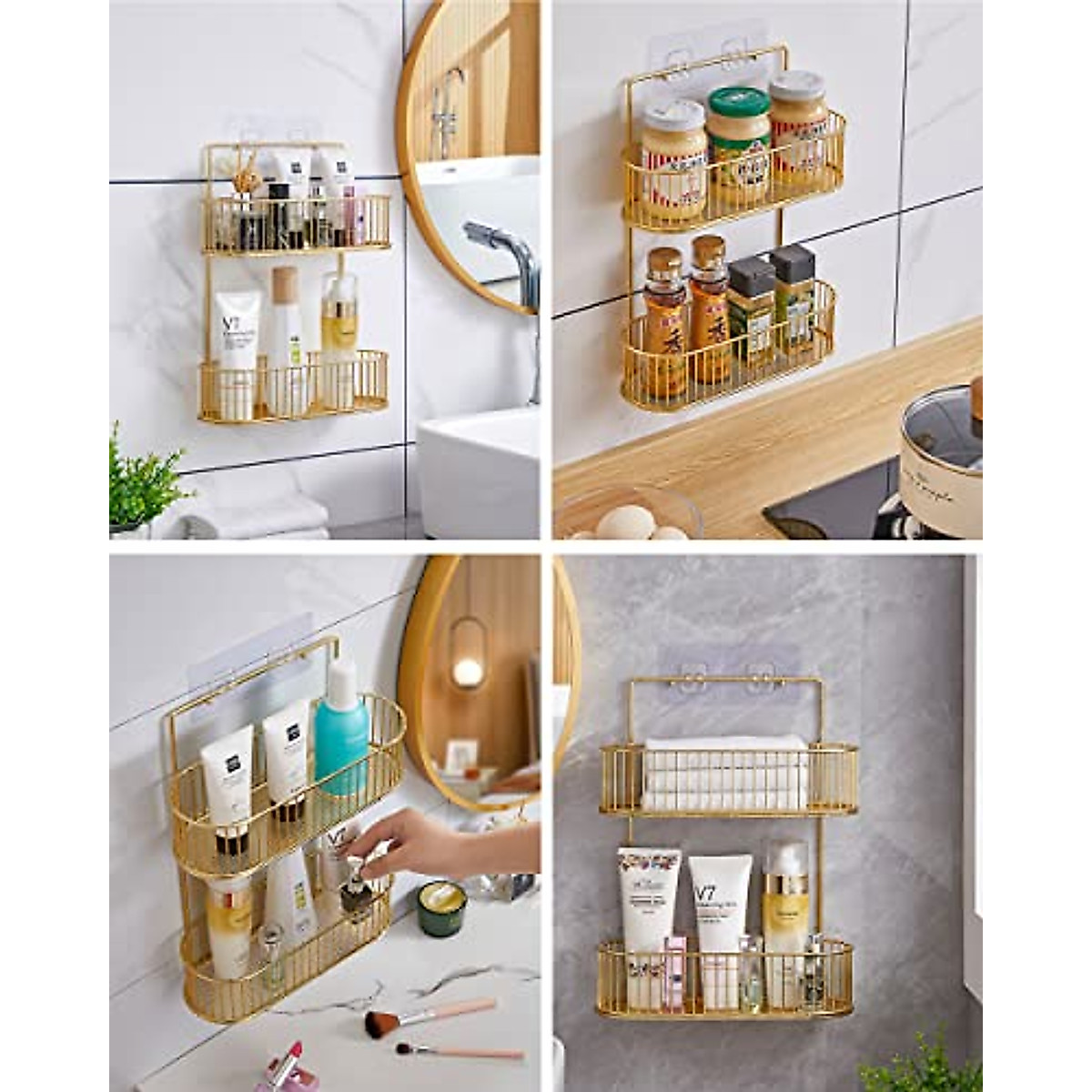 THCOFUUD No Drilling Shower Caddy, 3 Pack Rustproof Stainless Steel Organizer With Soap Holder & 2 Razor Hooks, Wall Mounted Shelves, Adhesive Rack, Large Capacity Basket for Storage, Gold Decor
