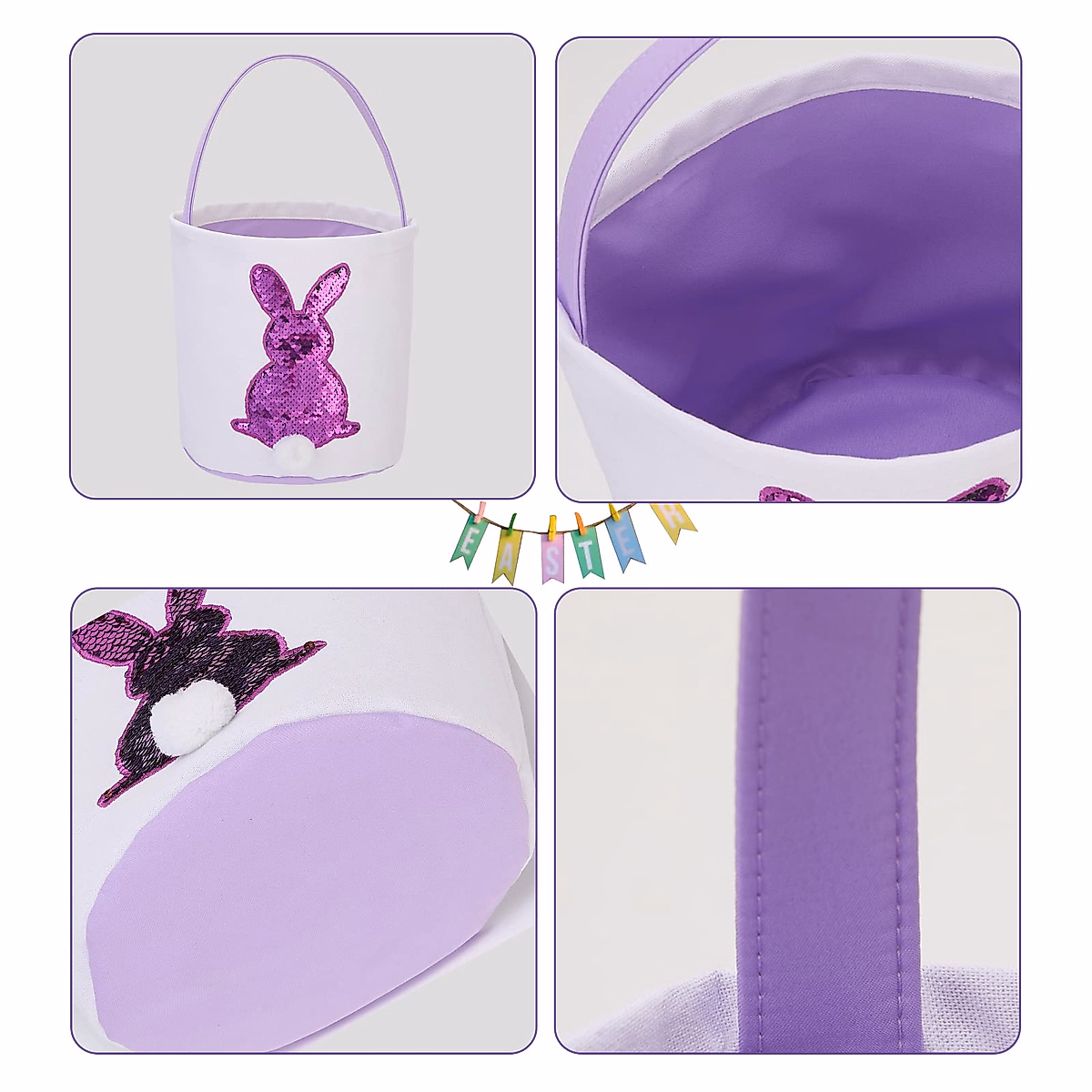 4 Pack Easter Bunny Basket Bags for Kids, Sequins Rabbit Canvas Eggs Hunt Baskets with Fluffy Tails, Tote Bag Candies Gifts Bucket for Easter Party - Blue, Purple, Pink and Green