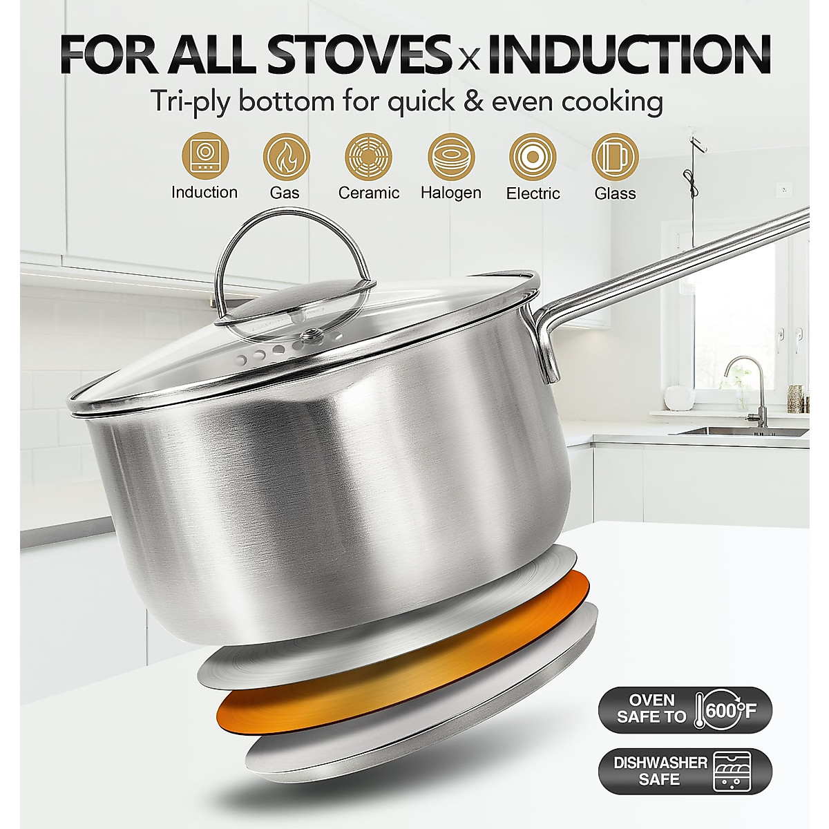 MICHELANGELO Stainless Steel Saucepan with Lid & Pour Spout 1QT & 2QT & 3QT, Tri-Ply Bottom Sauce Pan Set, Sauce Pot Set - 6 Pcs