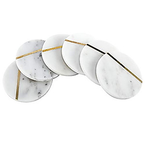 HighFree 6 Pack Absorbent Marble Coasters with Gold Brass Inlay, Handcrafted White Marble Coasters for Coffee Table Drinks/Bar Glasses, 4 Inches