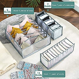Underwear Storage Box Set of 3, Socks Storage Box, Bra Storage Box, collapsible Underpants Drawer Cabinet Dividers, Closet Clothes Organizers with Compartments for Women (Thicken Gray) (3 set + Bra)