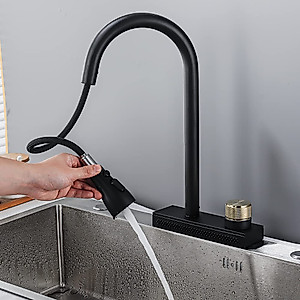 JIEFADZ Rainfall Kitchen Sink Faucet Pull Out Four Water Outlet Modes Cold and Hot Can Rotate TAP (Black)