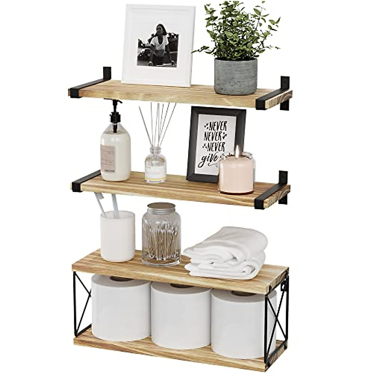 WOPITUES Floating Shelves Wall Mounted, Wood Bathroom Shelves with Extra Storage Shelf, Rustic Wall Shelves for Bathroom, Bedroom, Kitchen, Living Room, Plants - Light Brown